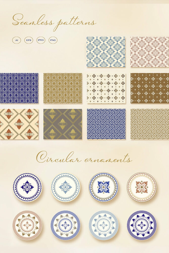 Set of seamless patterns, circular ornaments and frames in a modern ...