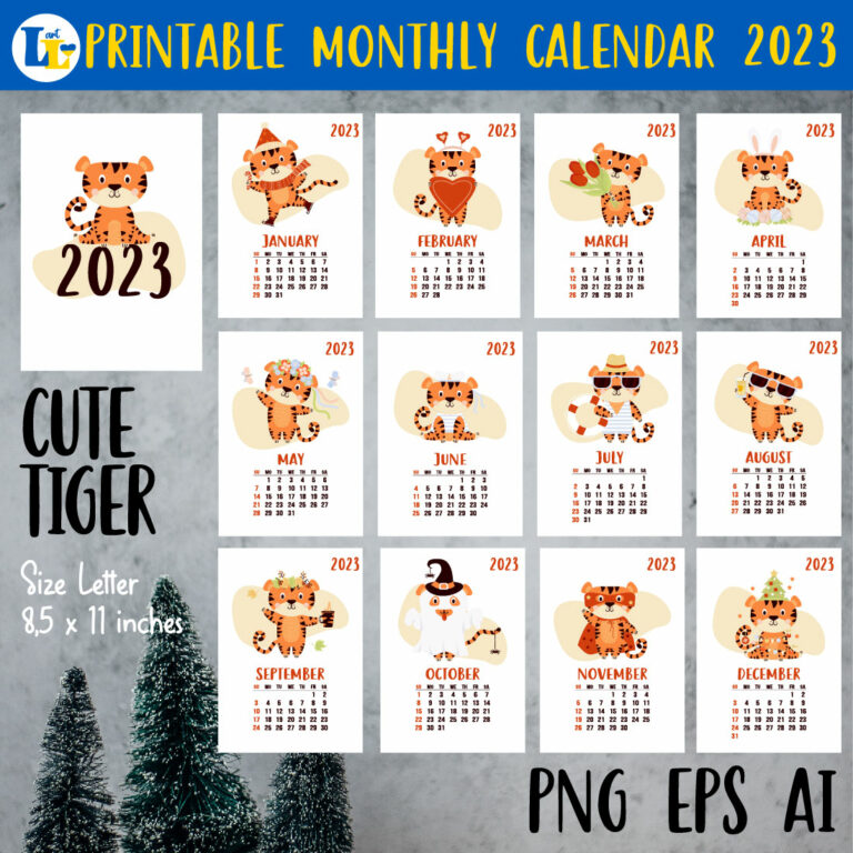 Cute tiger Calendar 2023 Printable monthly template calender ...