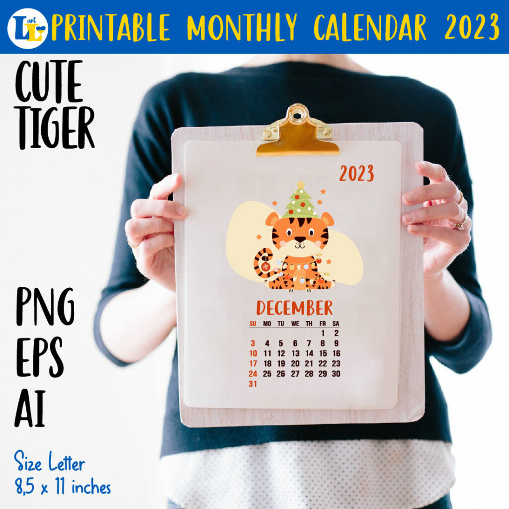 Cute tiger Calendar 2023 Printable monthly template calender ...