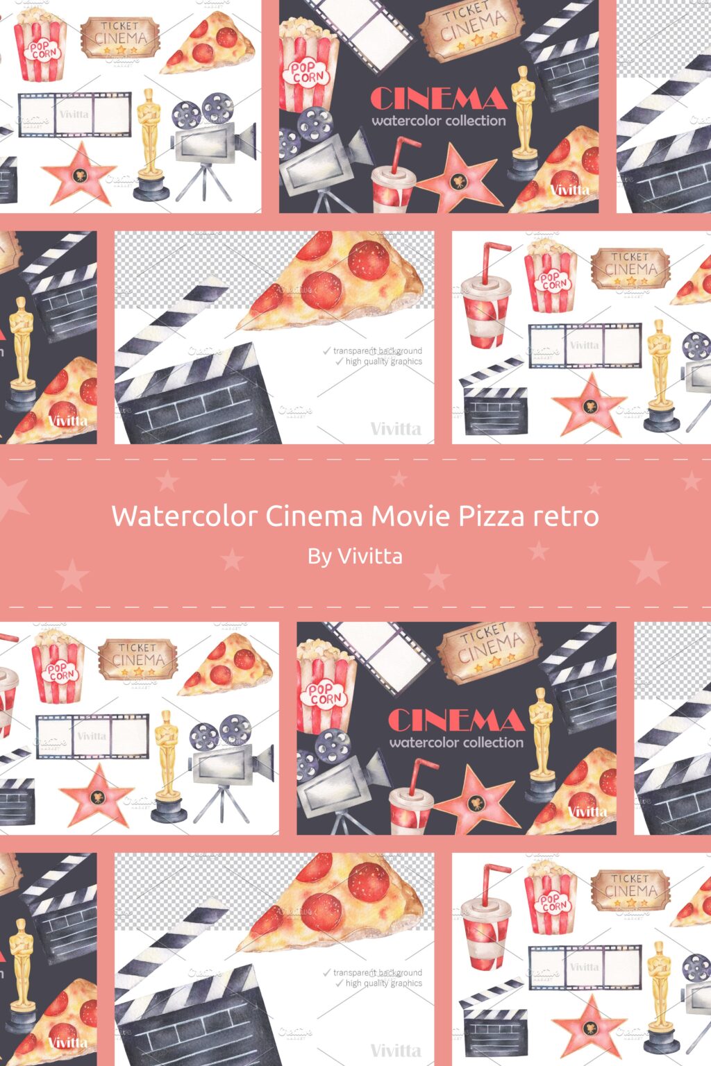 Watercolor Cinema Movie Pizza Retro – MasterBundles