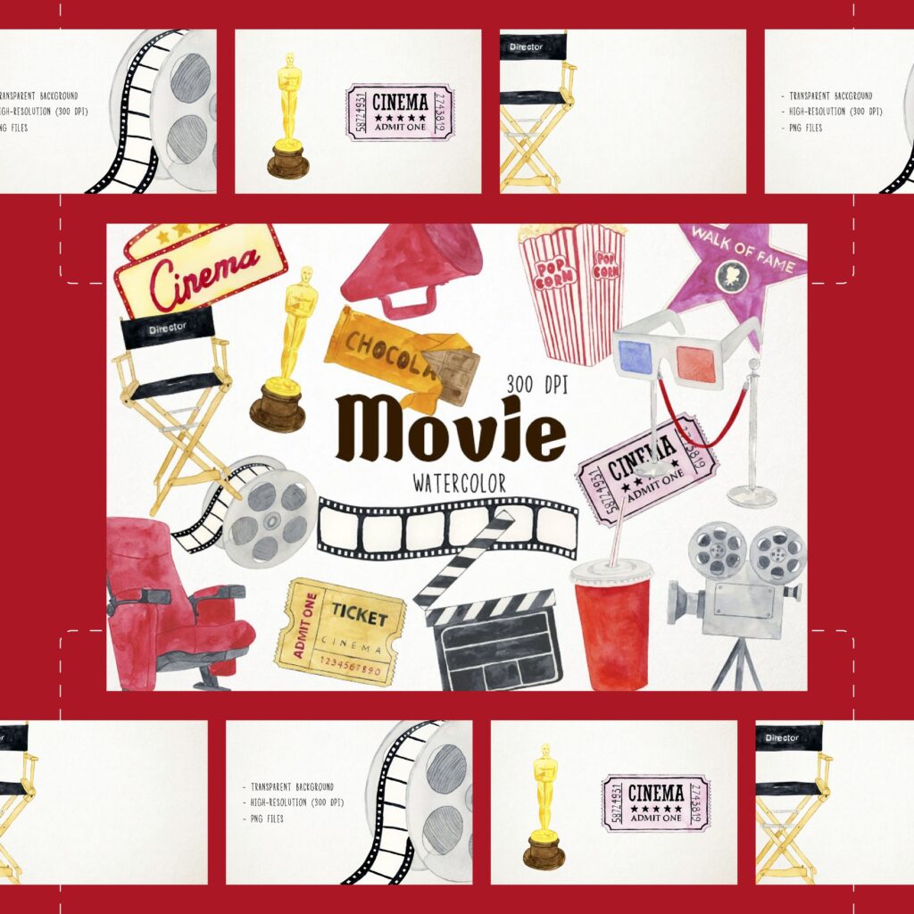 17 Watercolor Movie Clipart – MasterBundles