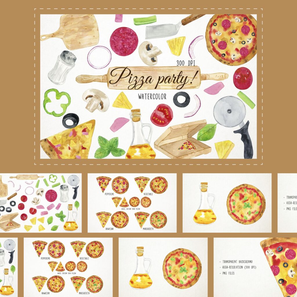 Watercolor Pizza Party Clipart – MasterBundles