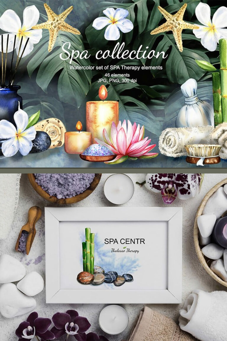 Watercolor Spa Therapy Clipart. Relax. Body care. Massage | Master Bundles