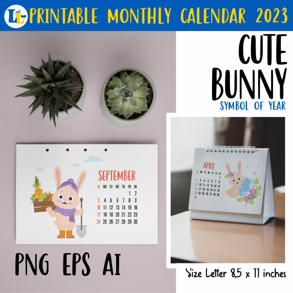 Cute Bunny. Calendar 2023 Printable monthly template calender ...