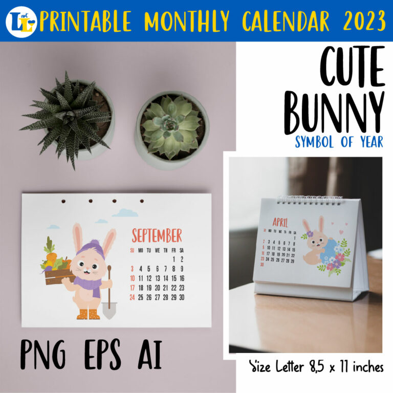 Cute Bunny. Calendar 2023 Printable monthly template calender ...