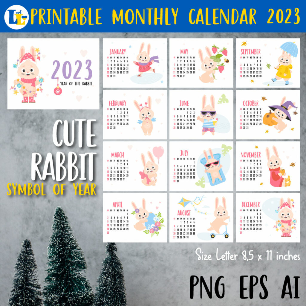 Cute rabbit. Calendar 2023 Printable monthly template calender ...