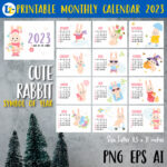 Cute rabbit. Calendar 2023 Printable monthly template calender ...
