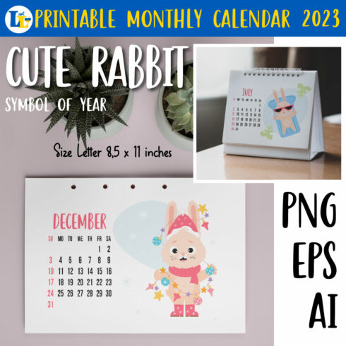 Cute rabbit. Calendar 2023 Printable monthly template calender ...