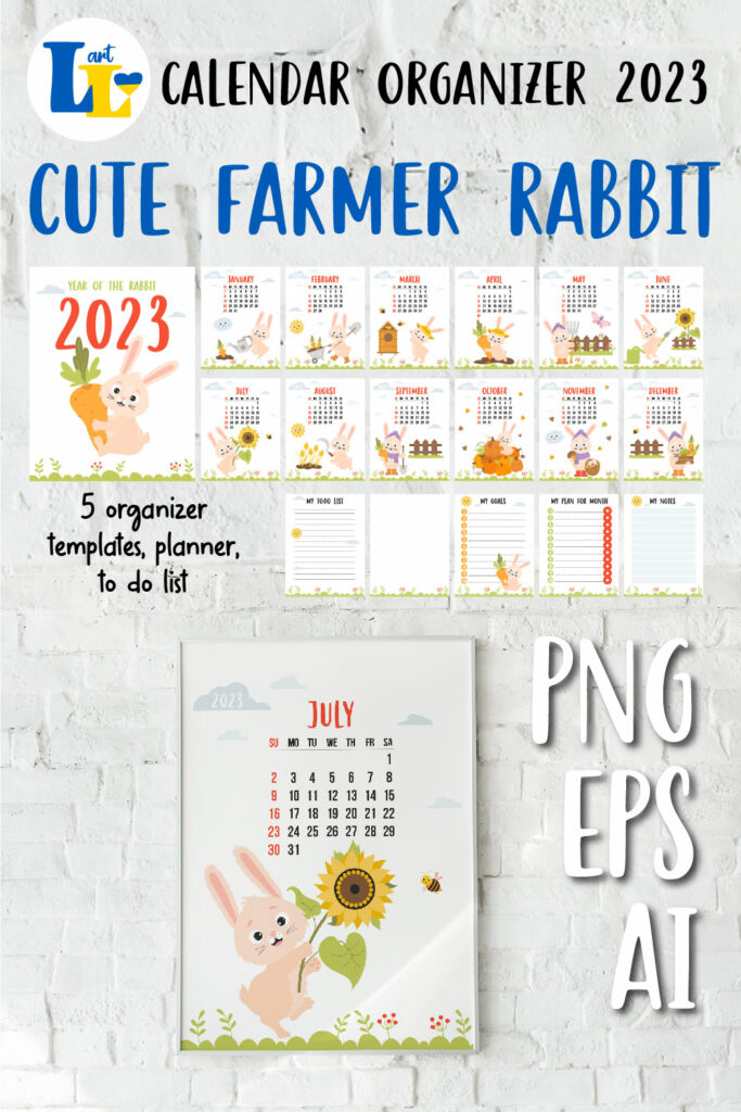 Printable Farm monthly Calendar 2023 templates planner. Cute rabbit ...
