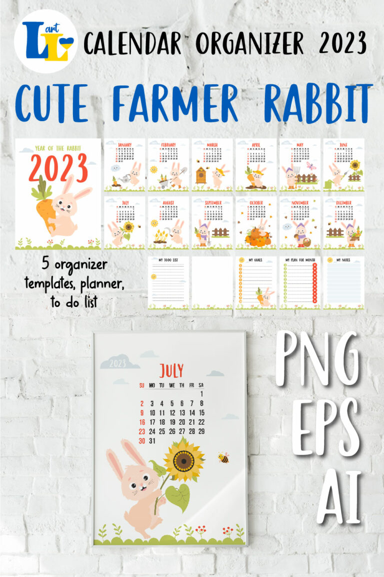 Printable Farm monthly Calendar 2023 templates planner. Cute rabbit ...