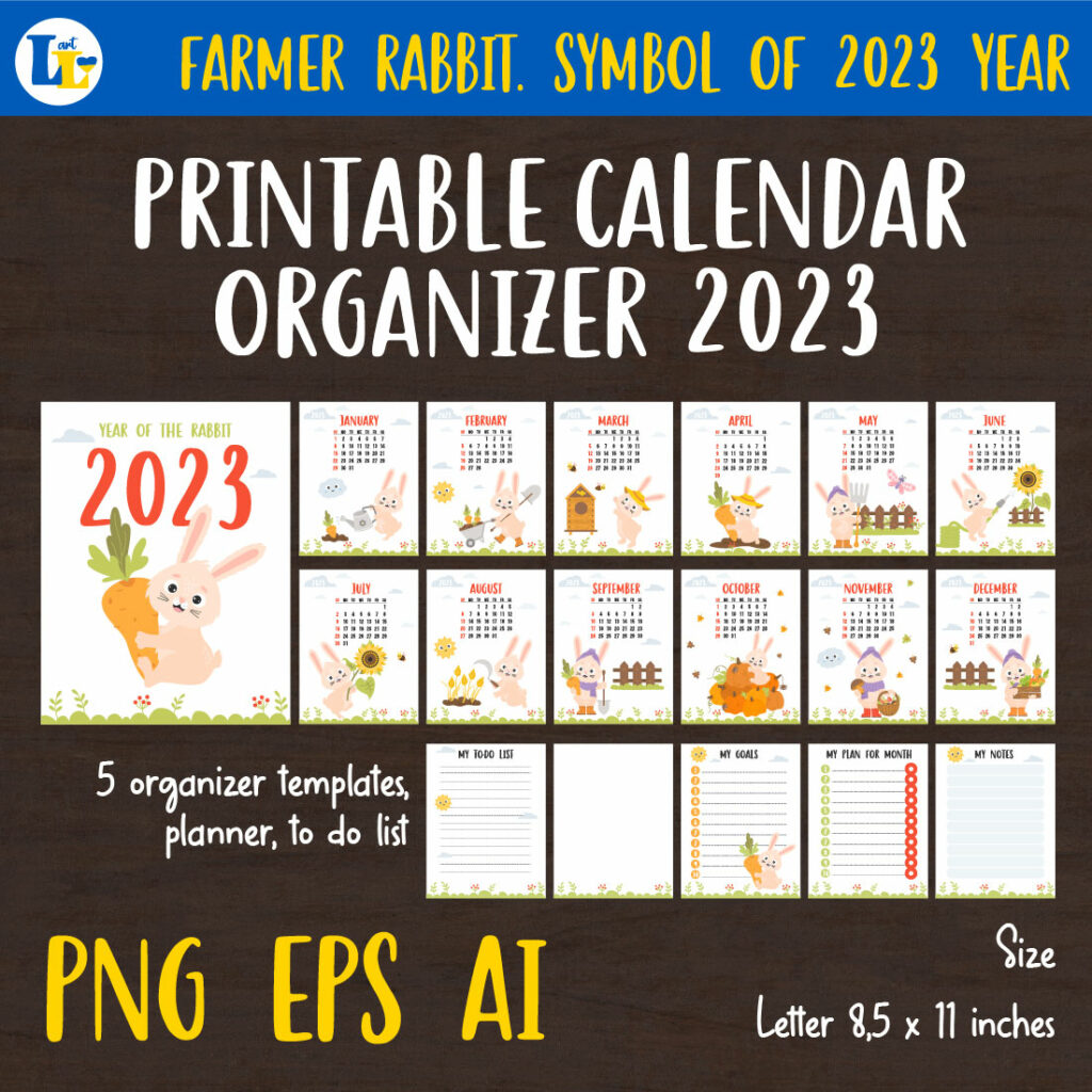 Printable Farm monthly Calendar 2023 templates planner. Cute rabbit ...