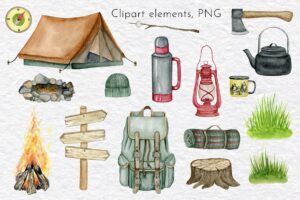 Watercolor Camping Clipart PNG | Master Bundles