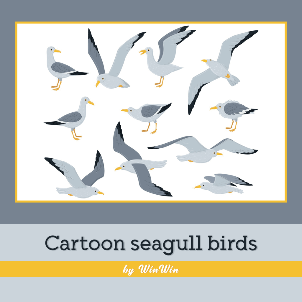 Cartoon Seagull Birds, Sitting, Flying and Walking Gulls Bird ...