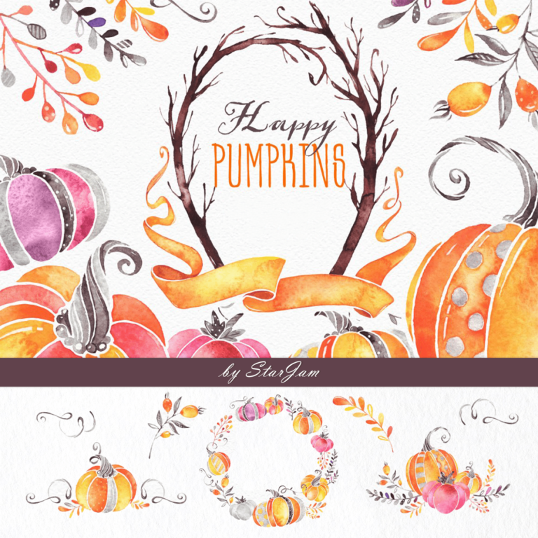 Watercolor autumn compositions with pumpkins and flowers | MasterBundles