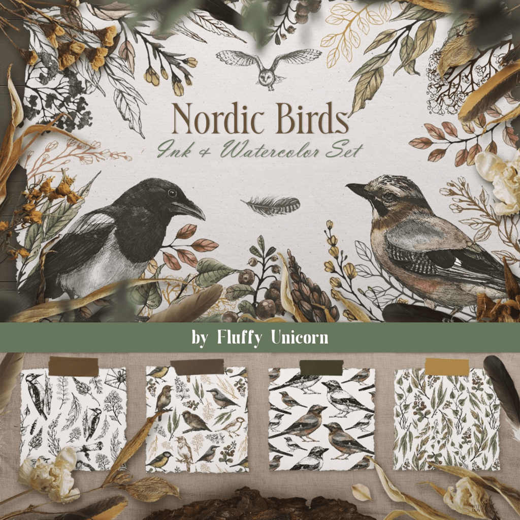 Nordic Birds Ink & Watercolor Set – MasterBundles