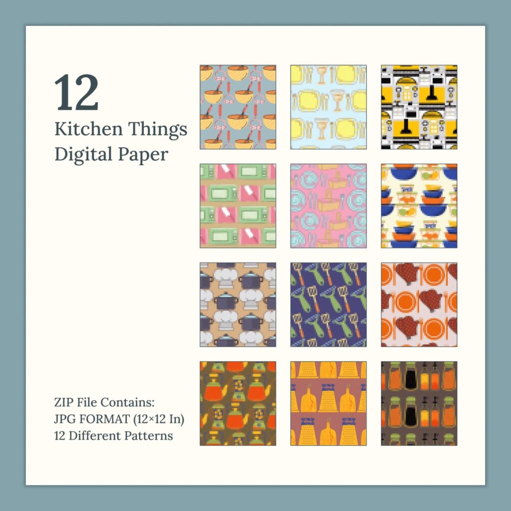 12 Kitchen Things Digital Paper, Cooking – MasterBundles