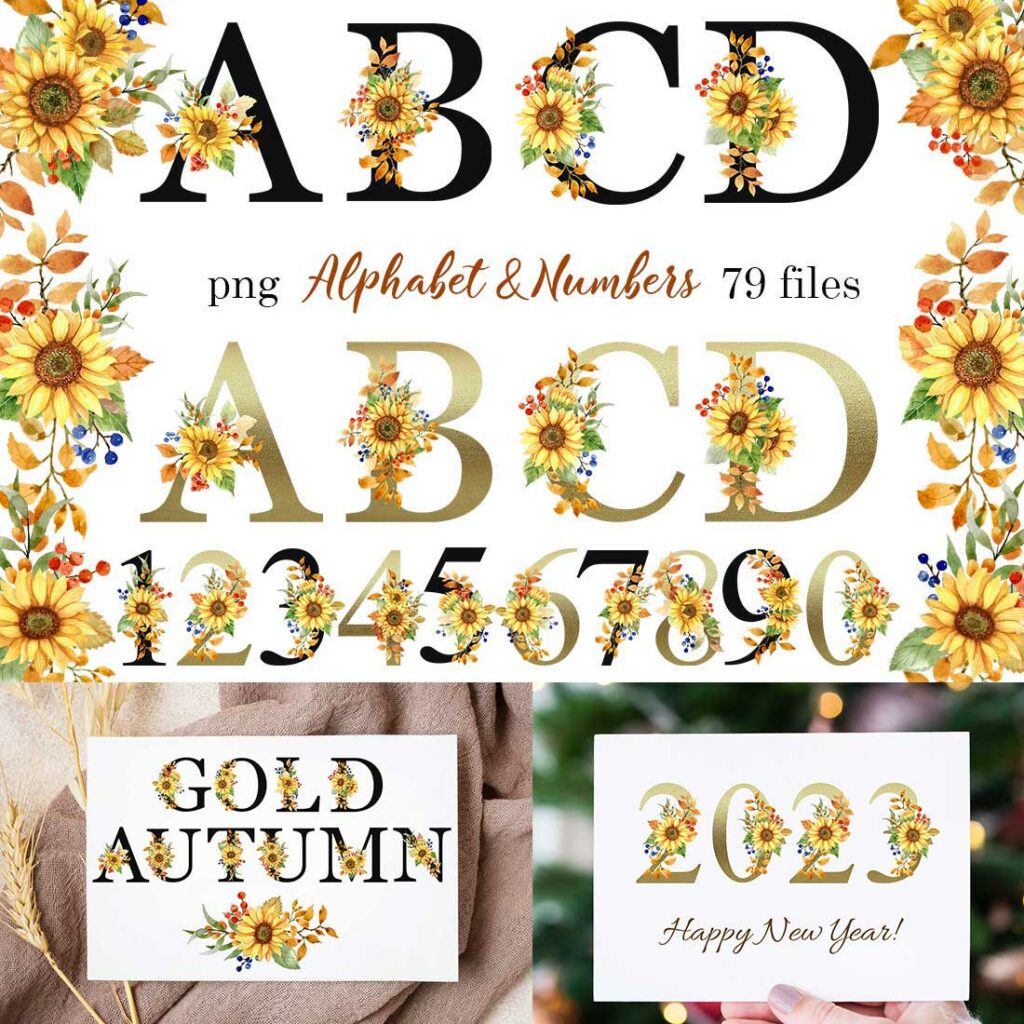 Floral alphabet and numbers. Golden Alphabet with watercolor flowers ...