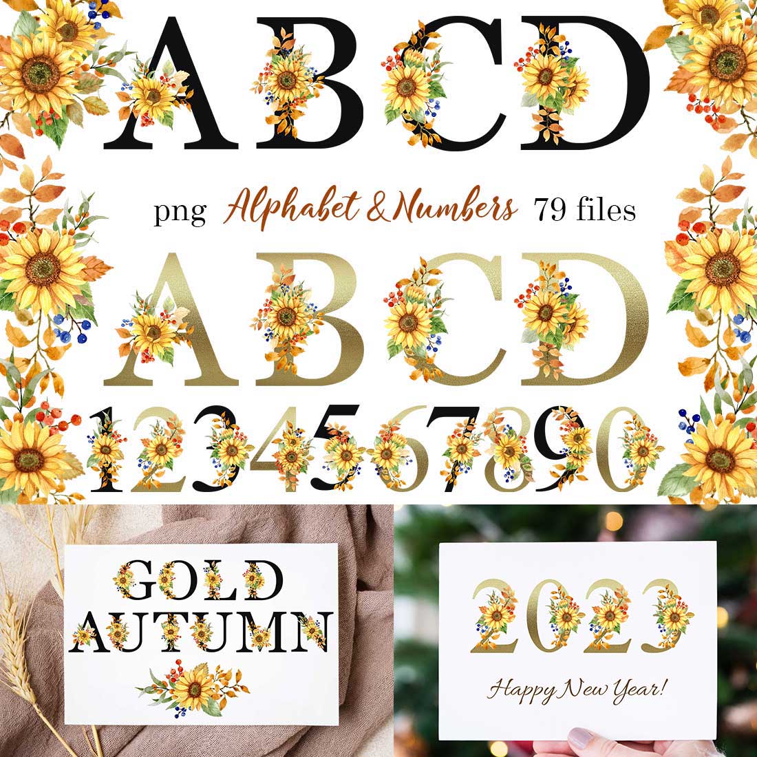Floral alphabet and numbers. Golden Alphabet with watercolor flowers ...