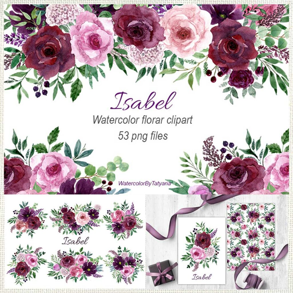 Burgundy, purple and pink watercolor flowers. Clipart set - MasterBundles