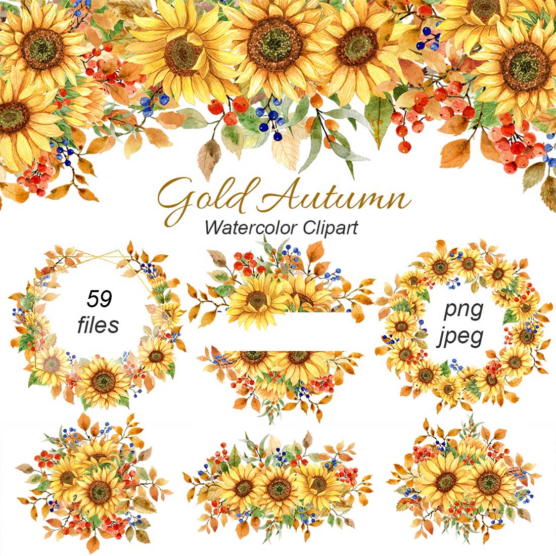 Collection of bright watercolor autumn clipart. Frames, wreaths ...