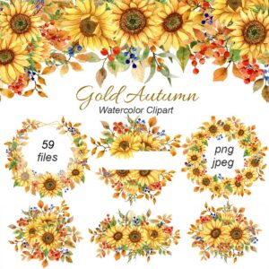 Collection of bright watercolor autumn clipart. Frames, wreaths ...
