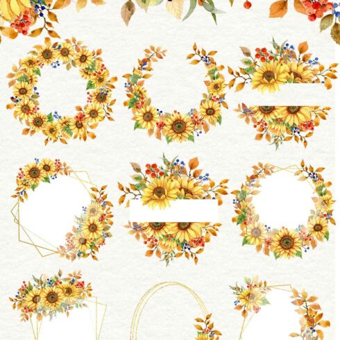 Collection of bright watercolor autumn clipart. Frames, wreaths ...