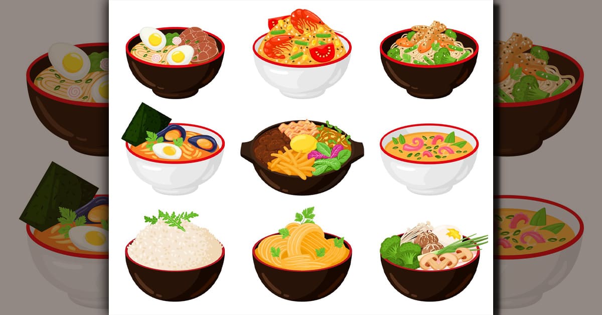 Asian Traditional Cuisine Noodles, Wok, Soup Bowls. Japanese | Master ...