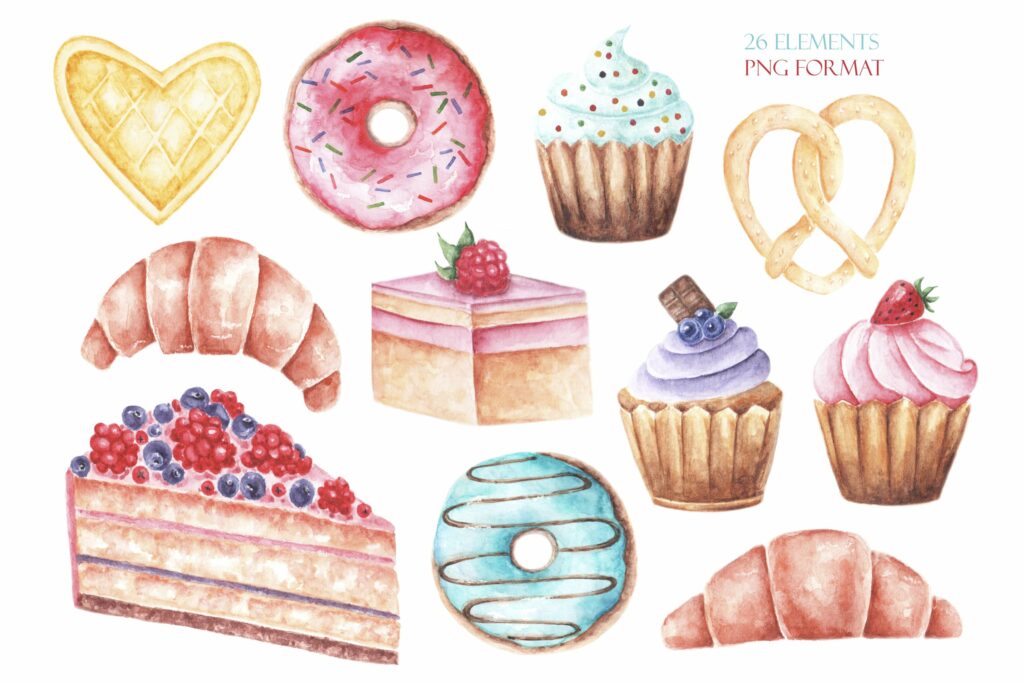 Watercolor Clipart Sweets, Pastries. Clipart Candies. – MasterBundles