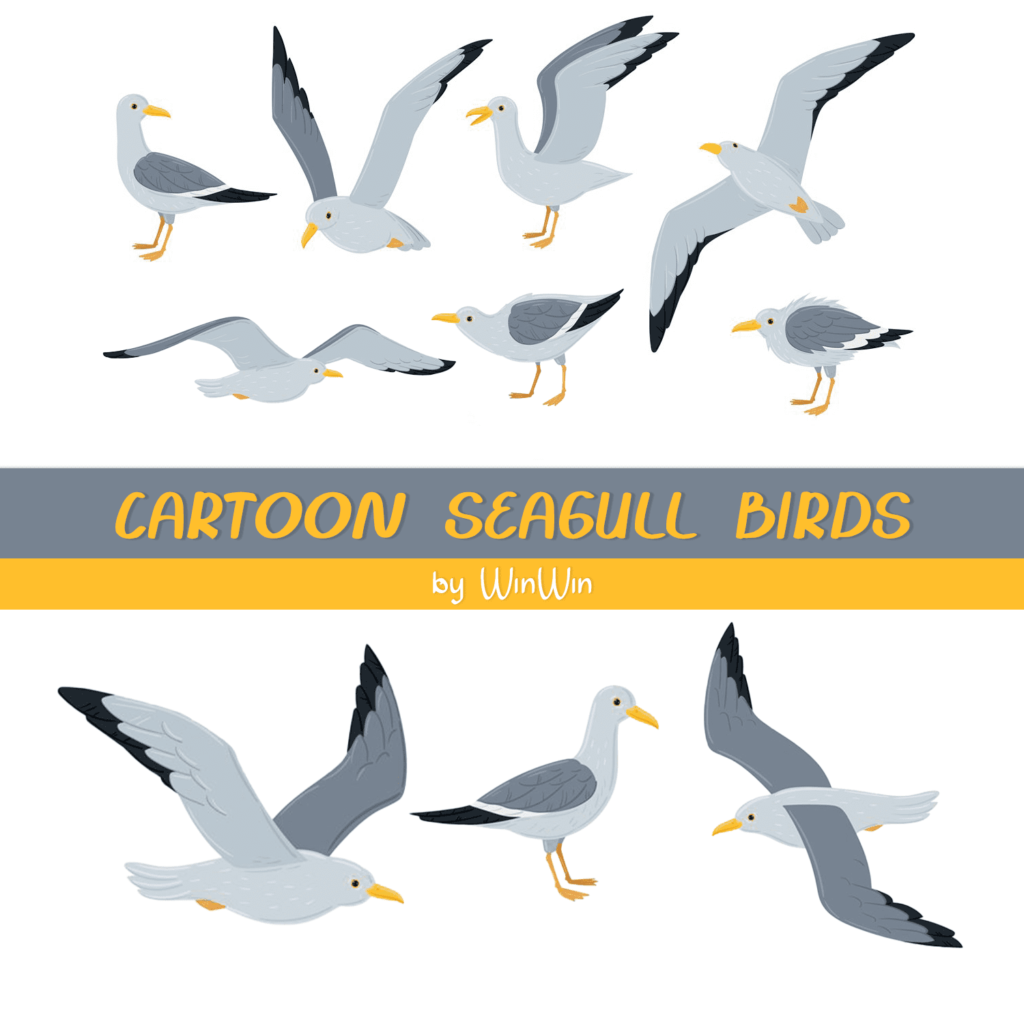 Cartoon Seagull Birds, Sitting, Flying and Walking Gulls Bird ...