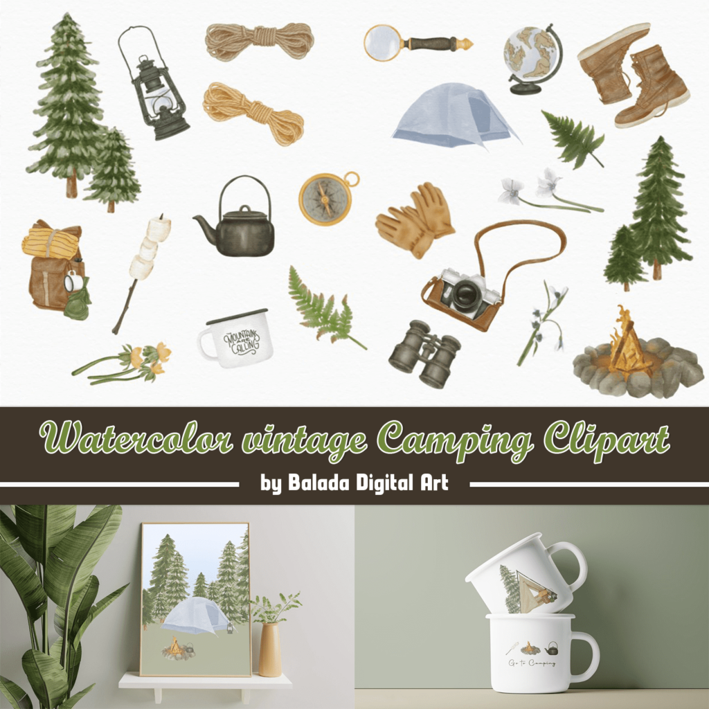 Watercolor vintage Camping Clipart – MasterBundles