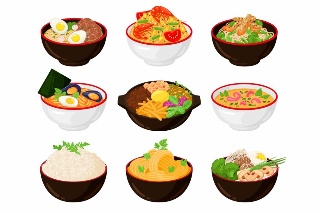 Asian Traditional Cuisine Noodles, Wok, Soup Bowls. Japanese | Master ...