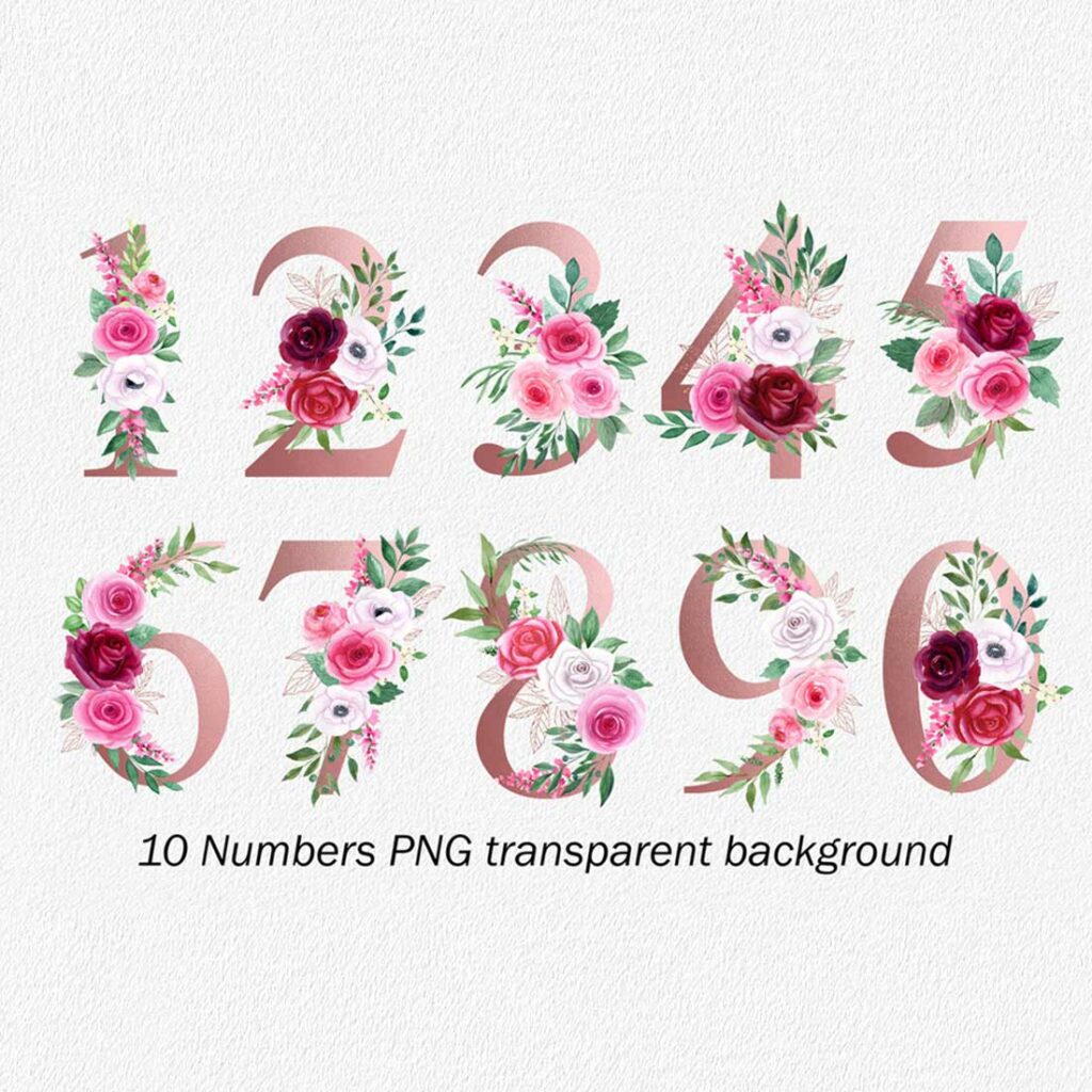 Set of numbers and letters with watercolor flowers. Floral alphabet and ...