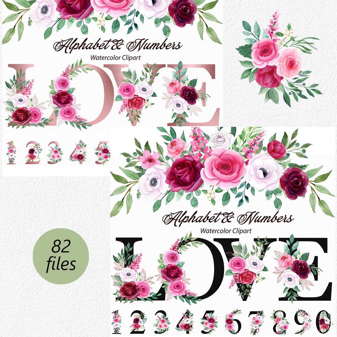 Set of numbers and letters with watercolor flowers. Floral alphabet and ...