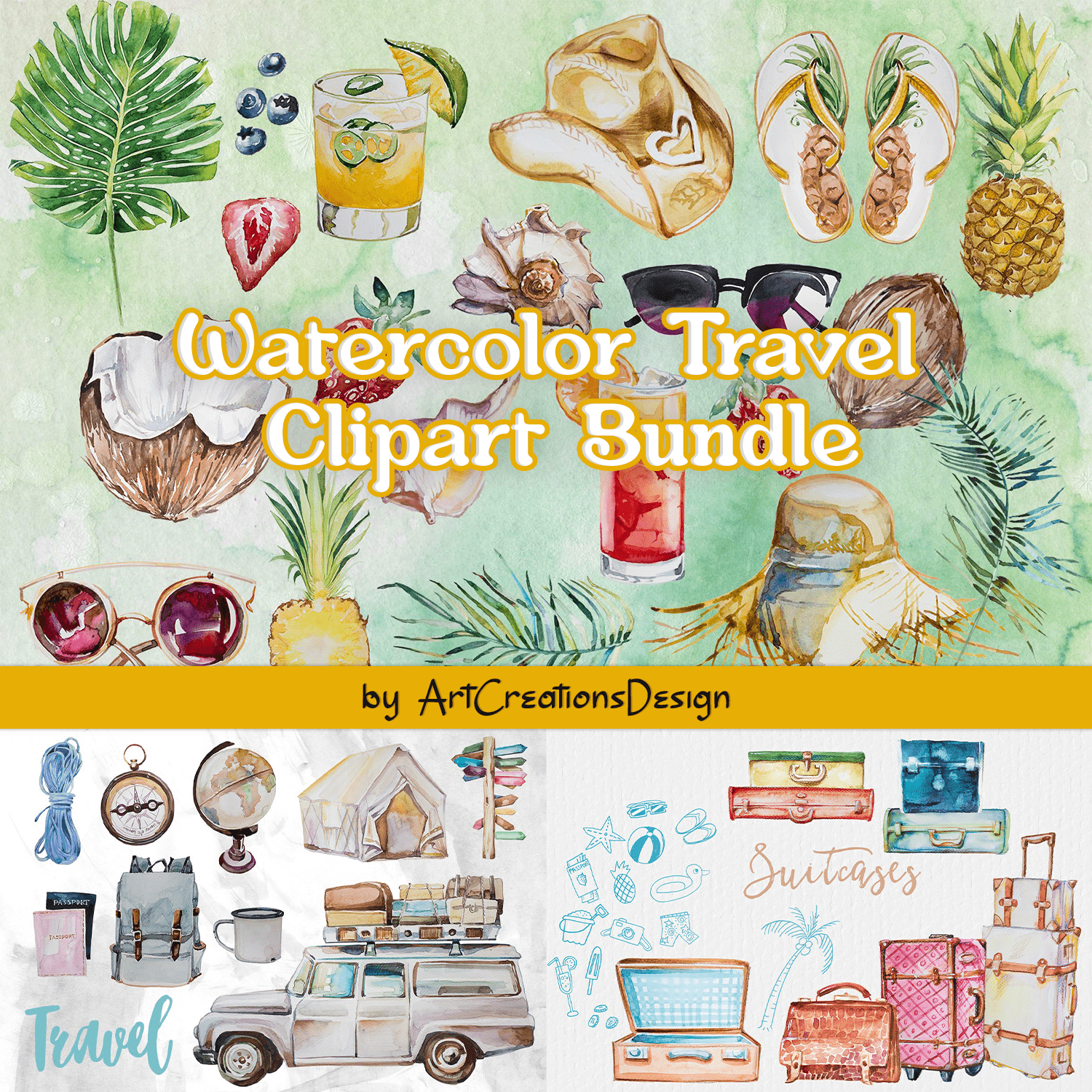 Watercolor Travel Clipart Bundle: 200+ Illustrations – MasterBundles