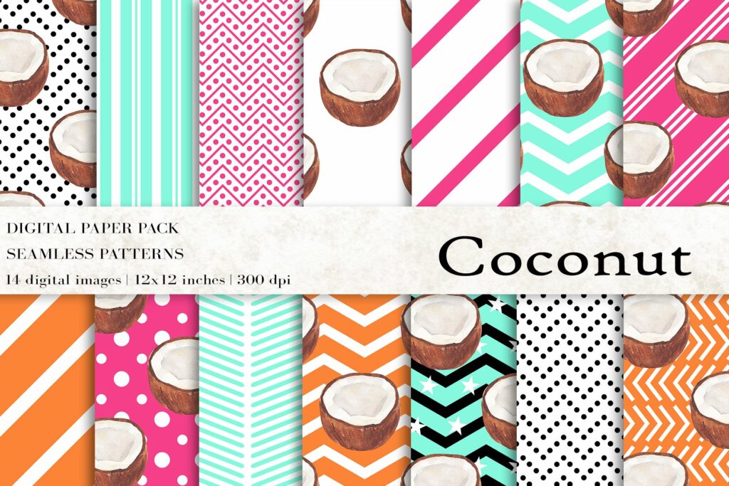 Watercolor Coconut Digital Papers, Fruit Coconut Patterns – MasterBundles