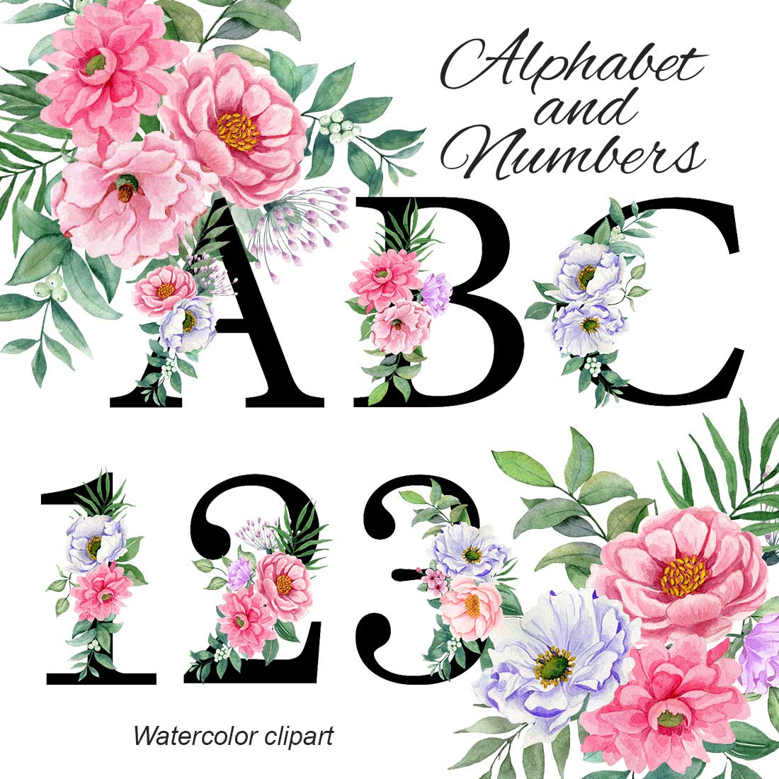 Alphabet with watercolor flowers, letters, monogram, numbers ...