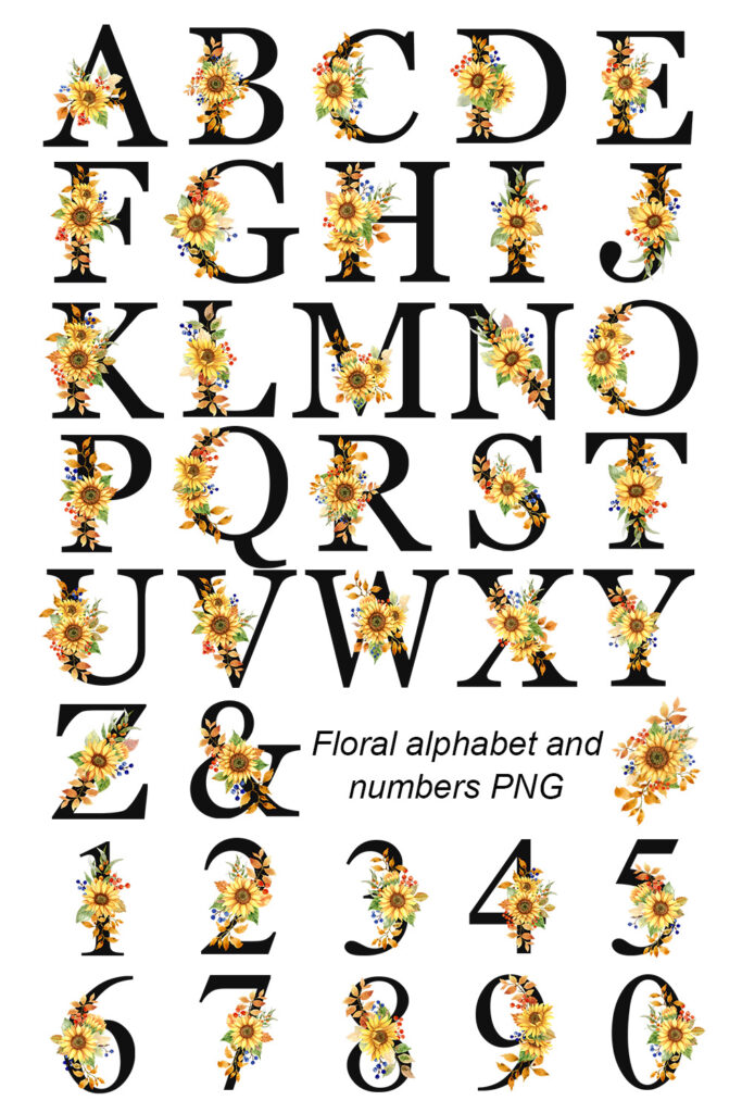 Floral alphabet and numbers. Golden Alphabet with watercolor flowers ...