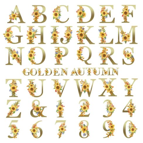 Floral alphabet and numbers. Golden Alphabet with watercolor flowers ...