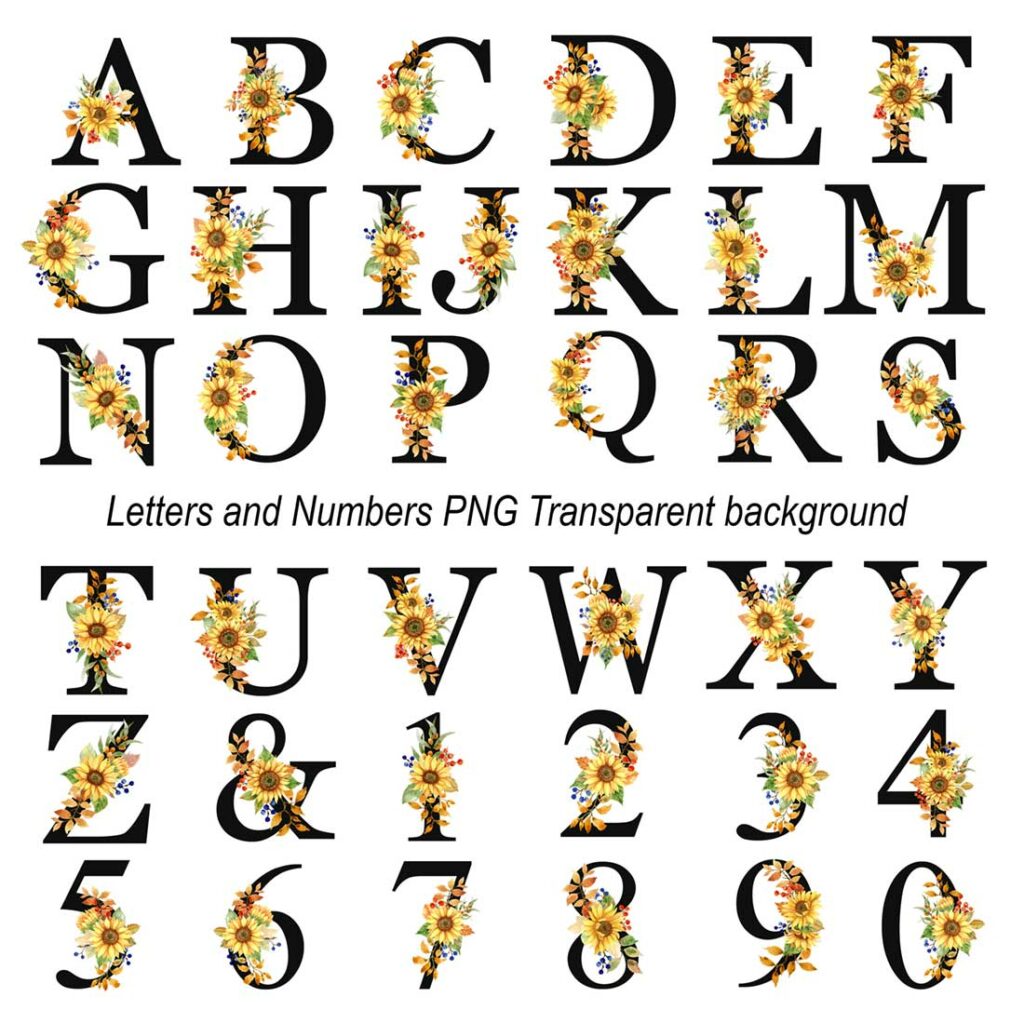 Floral alphabet and numbers. Golden Alphabet with watercolor flowers ...