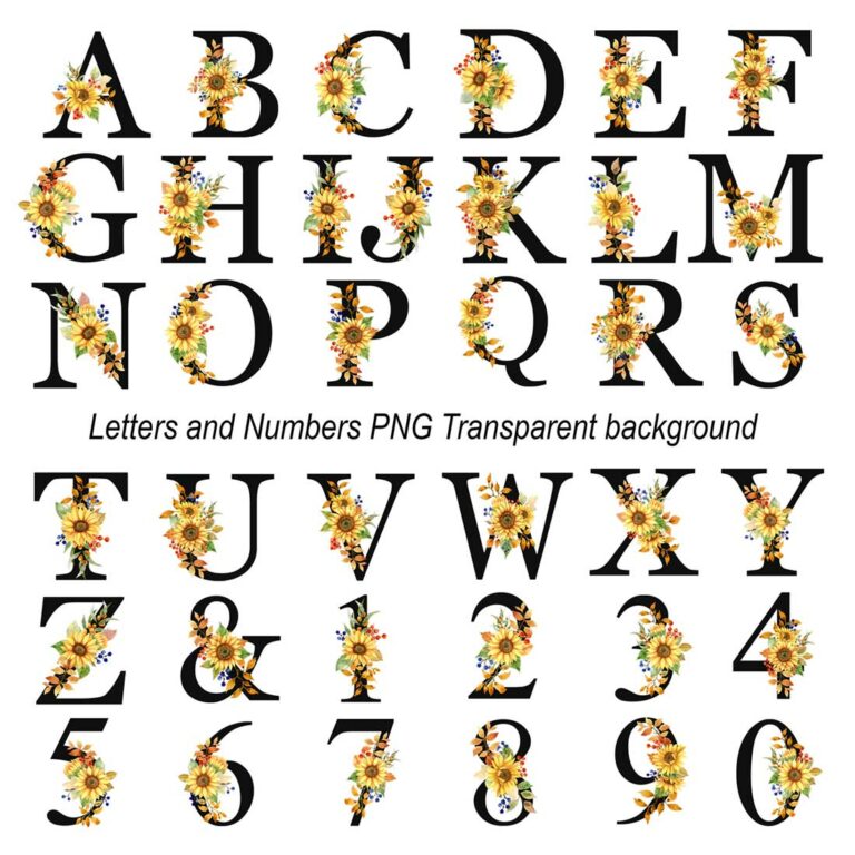 Floral alphabet and numbers. Golden Alphabet with watercolor flowers ...