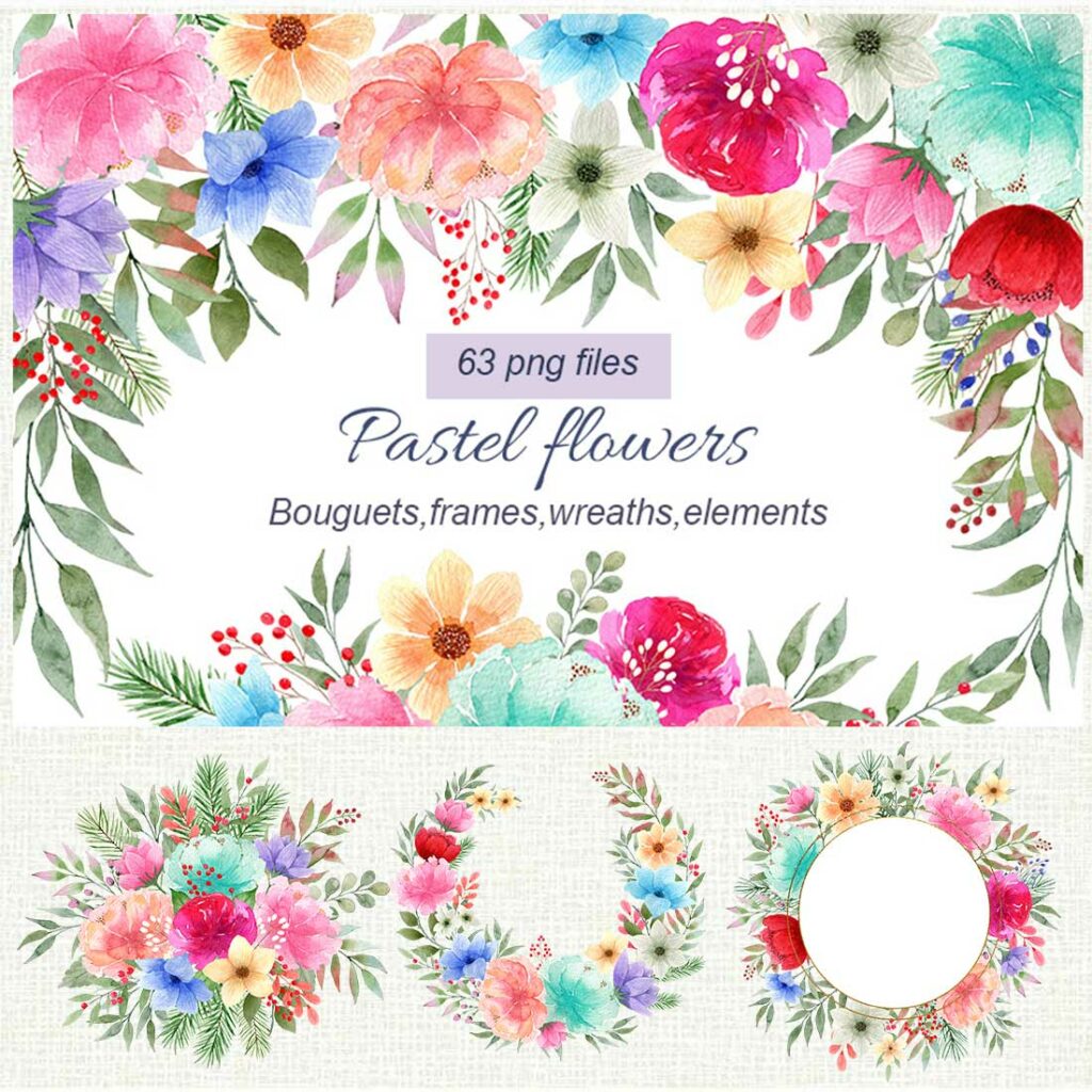 Watercolor floral design in pastel colors. Flowers and flower ...