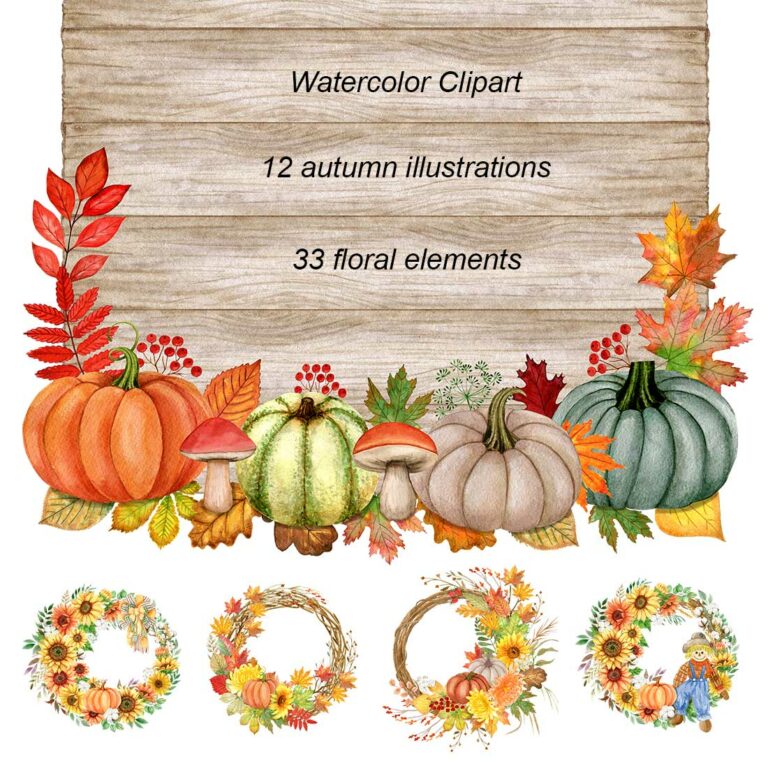 Watercolor autumn collection with pumpkins, leaves and flowers ...