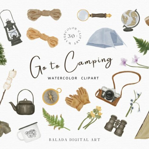 Watercolor vintage Camping Clipart | Master Bundles