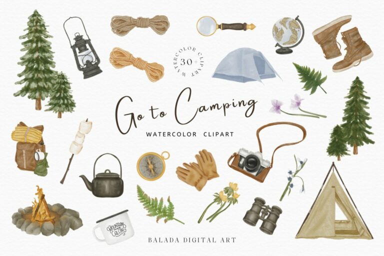 Watercolor vintage Camping Clipart – MasterBundles