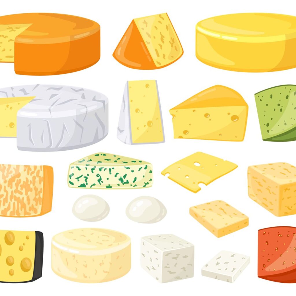 Cartoon Cheese. Dairy Products Types, Cheddar, Parmesan, Bri ...