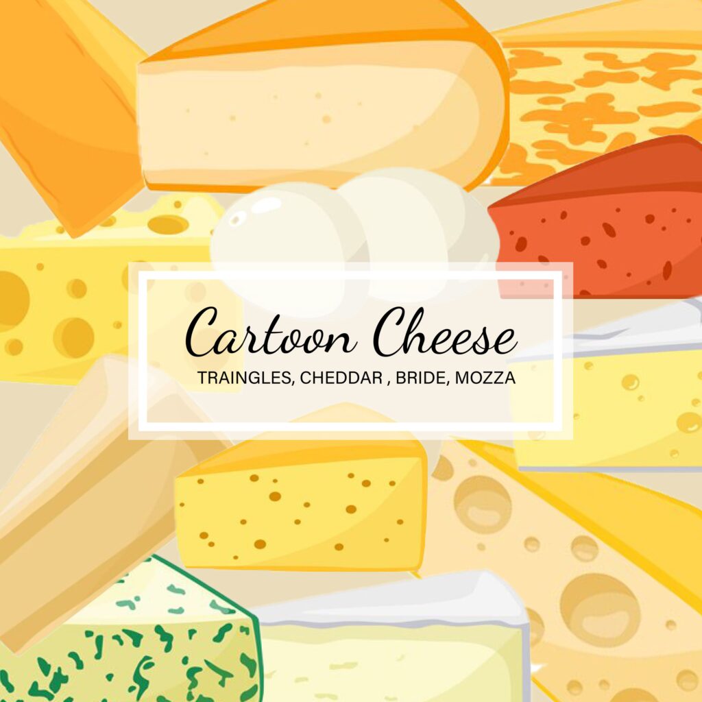 Cartoon Cheese Types. Cheese Triangles, Cheddar, Brie, Mozza ...