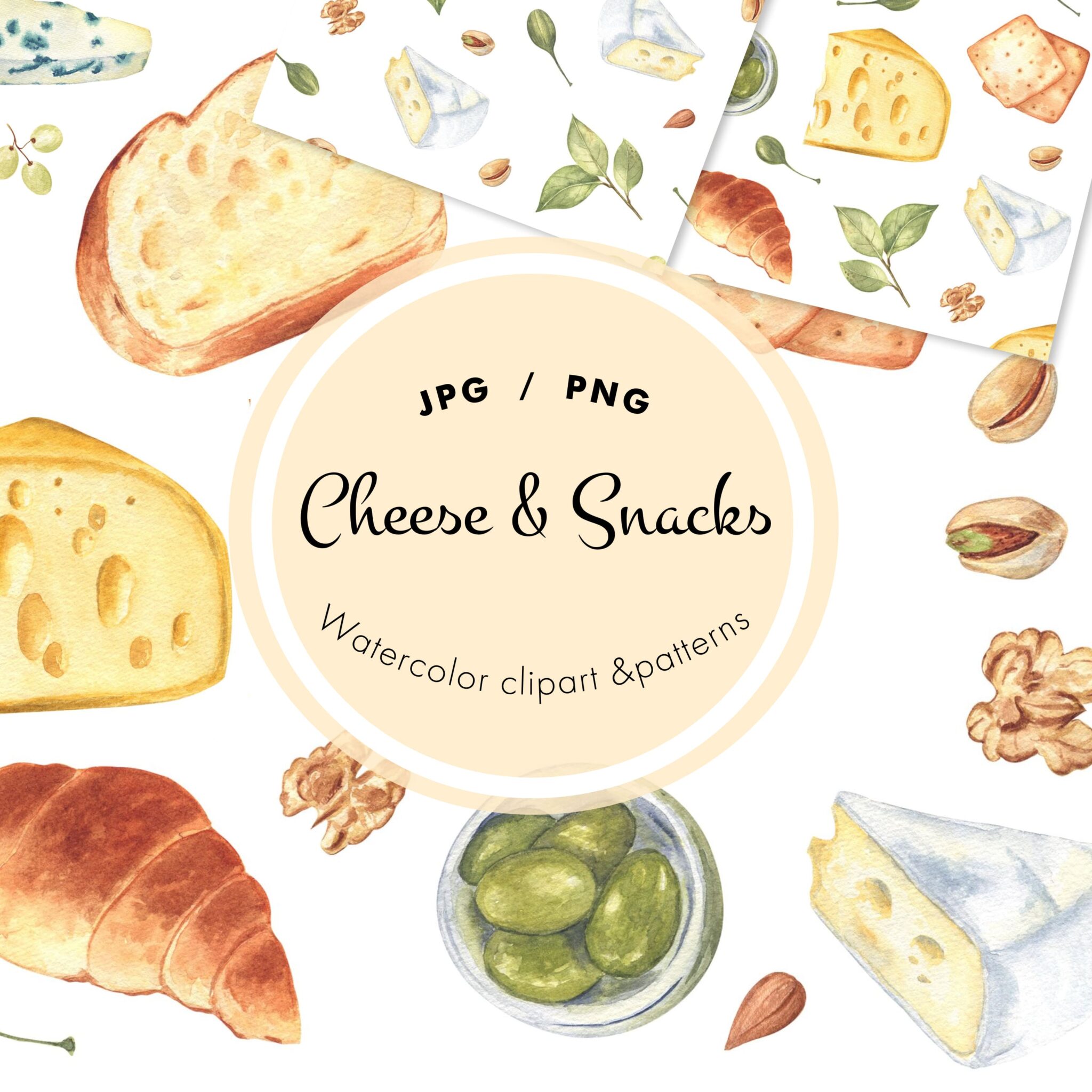 Cheese And Snacks. Watercolor Clipart, Patterns – MasterBundles