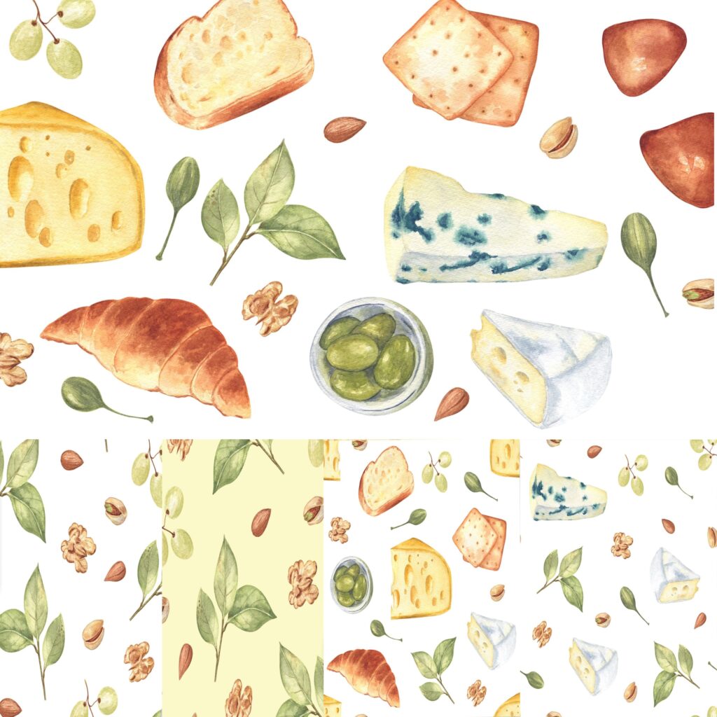 Cheese And Snacks. Watercolor Clipart, Patterns – MasterBundles