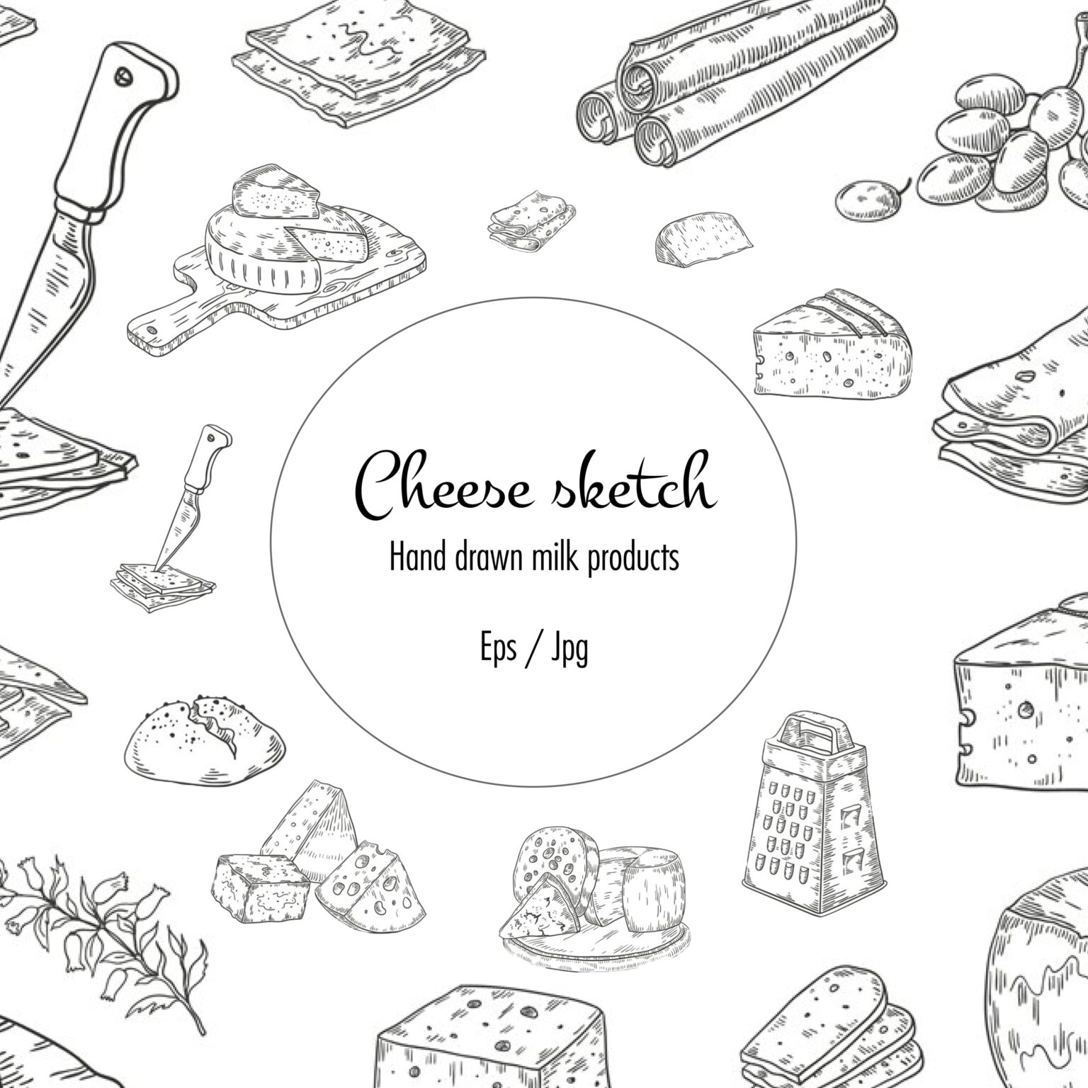 Cheese Sketch. Hand Drawn Milk Products, Gourmet Food Slices ...