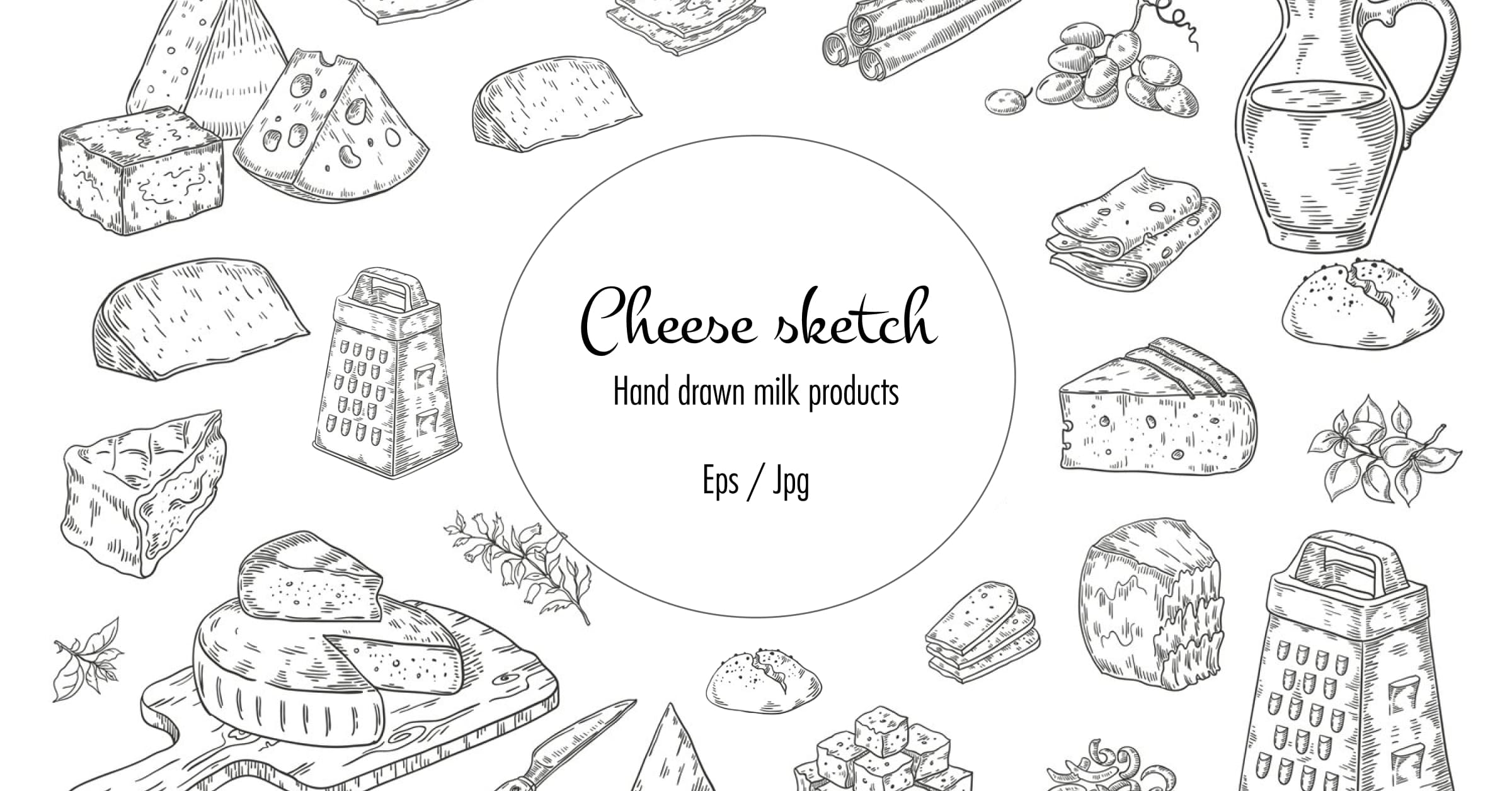 Cheese Sketch. Hand Drawn Milk Products, Gourmet Food Slices ...